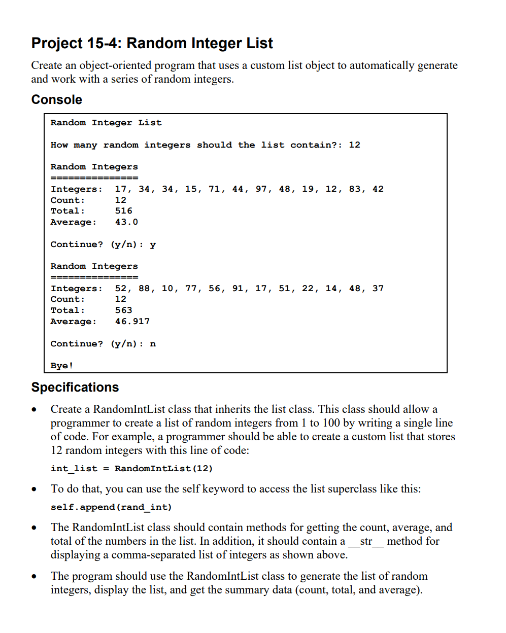 Solved Project 15-4: Random Integer List Create an | Chegg.com