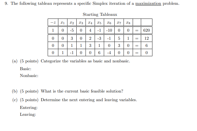 Solved 9. The following tableau represents a specific | Chegg.com