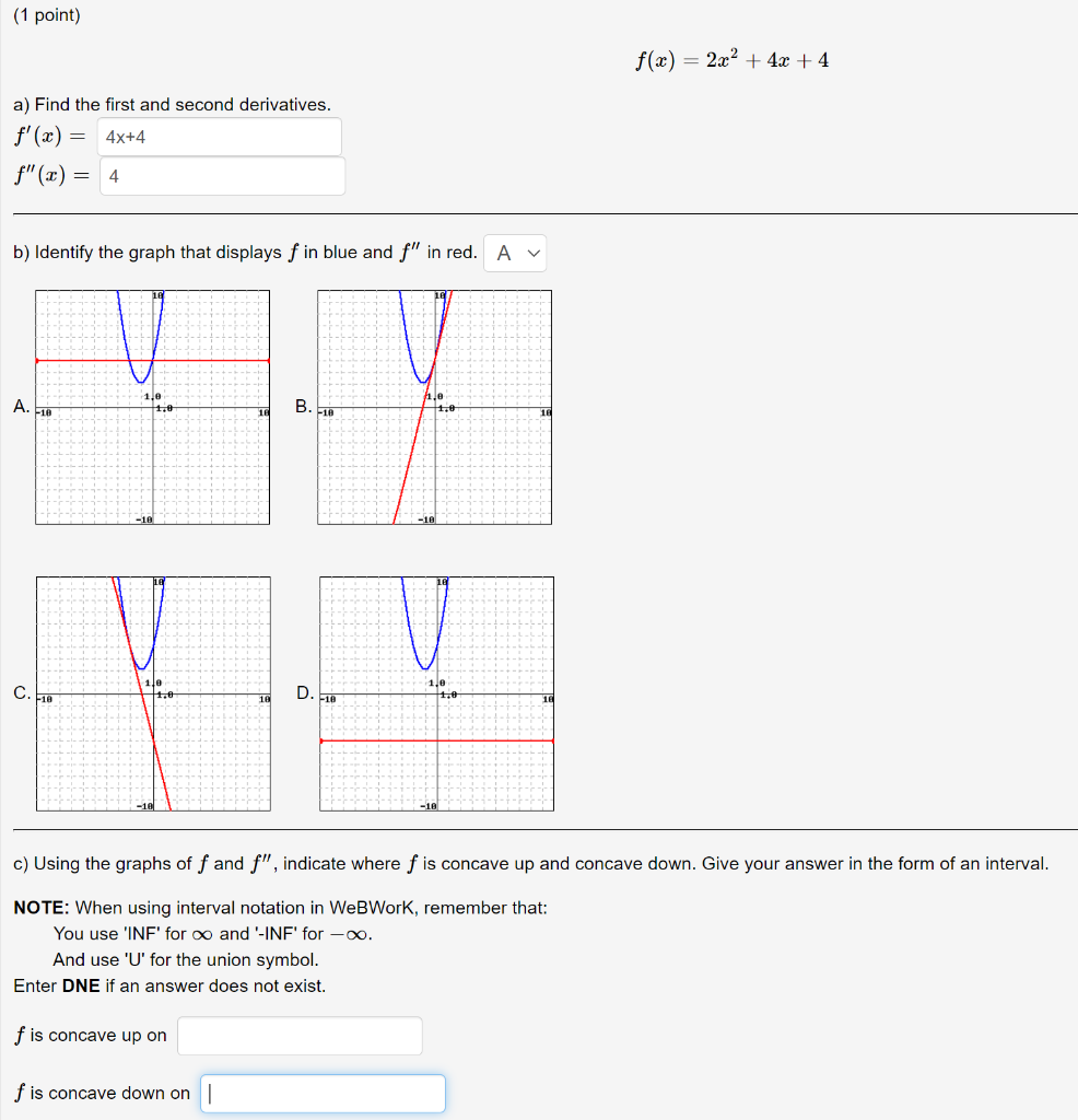 Solved (1 point) f(x) = 2x2 + 4x + 4 a) Find the first and | Chegg.com