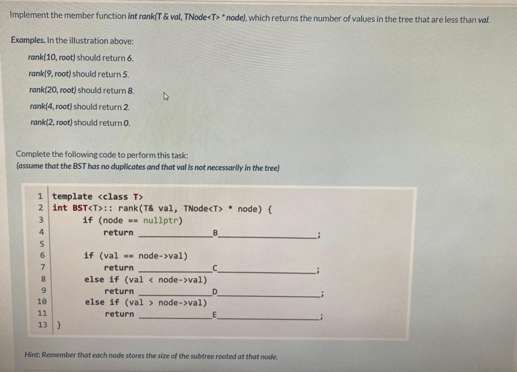 Solved Implement the member function int rank(T & val, TNode | Chegg.com Solved Implement the member function int rank(T & val, TNode | Chegg.com