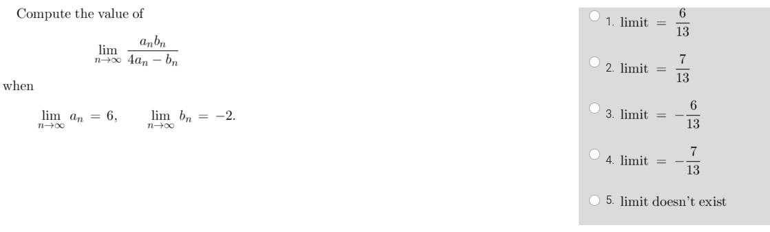 Solved Compute the value of 1. limit =136 limn→∞4an−bnanbn | Chegg.com