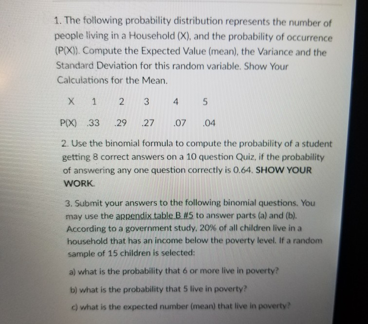 Solved 1. The following probability distribution represents | Chegg.com