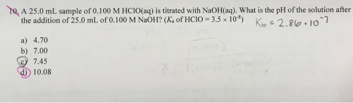 Solved Q, A 25.0 mL sample of 0.100 M HCIO(aq) is titrated | Chegg.com