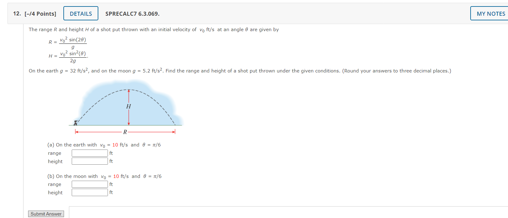 Solved R=gv02sin(2θ)H=2gv02sin2(θ). earth g=32ft/s2, and on | Chegg.com