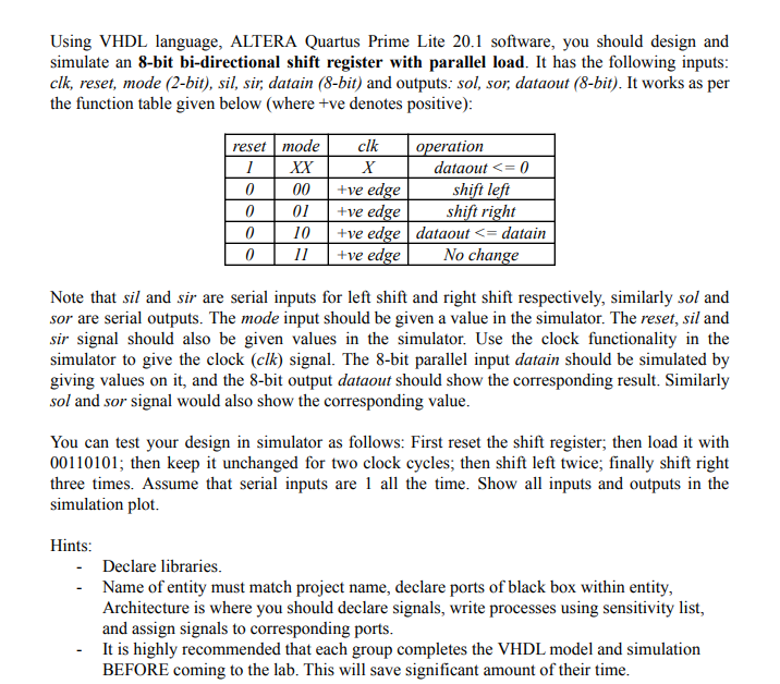 Solved Using VHDL language, ALTERA Quartus Prime Lite 20.1 | Chegg.com