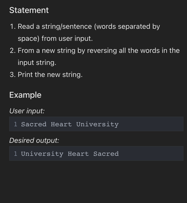 Statement 1. Read a string/sentence (words separated | Chegg.com