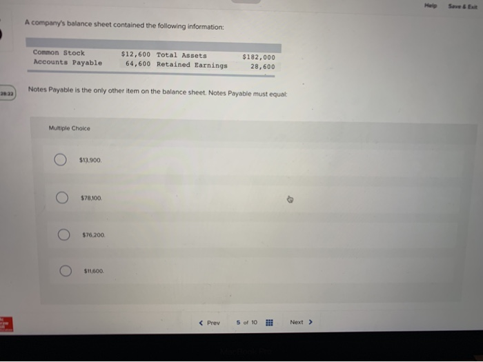 Solved Help Save&Exit A company's balance sheet contained | Chegg.com