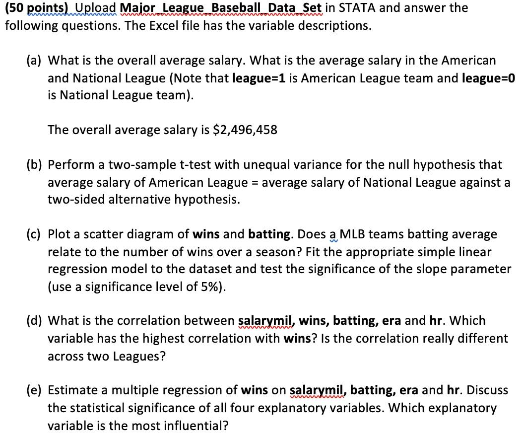 Solved (50 points) Upload Major League Baseball Data Set in | Chegg.com