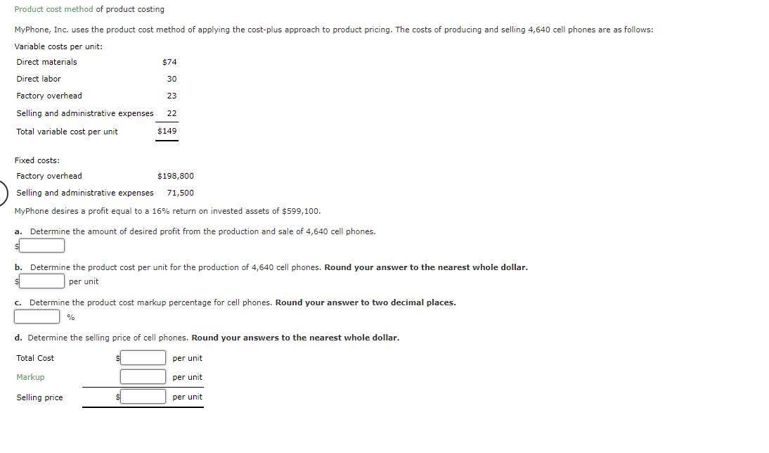 Solved Product cost method of product costingVariable costs | Chegg.com