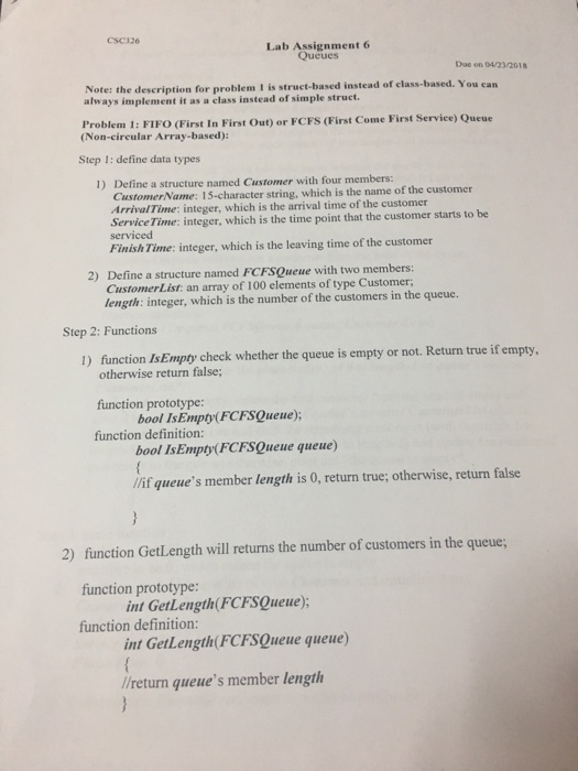 Solved CSC326 Lab Assignment 6 Queues Dae on 04/23/2018 | Chegg.com