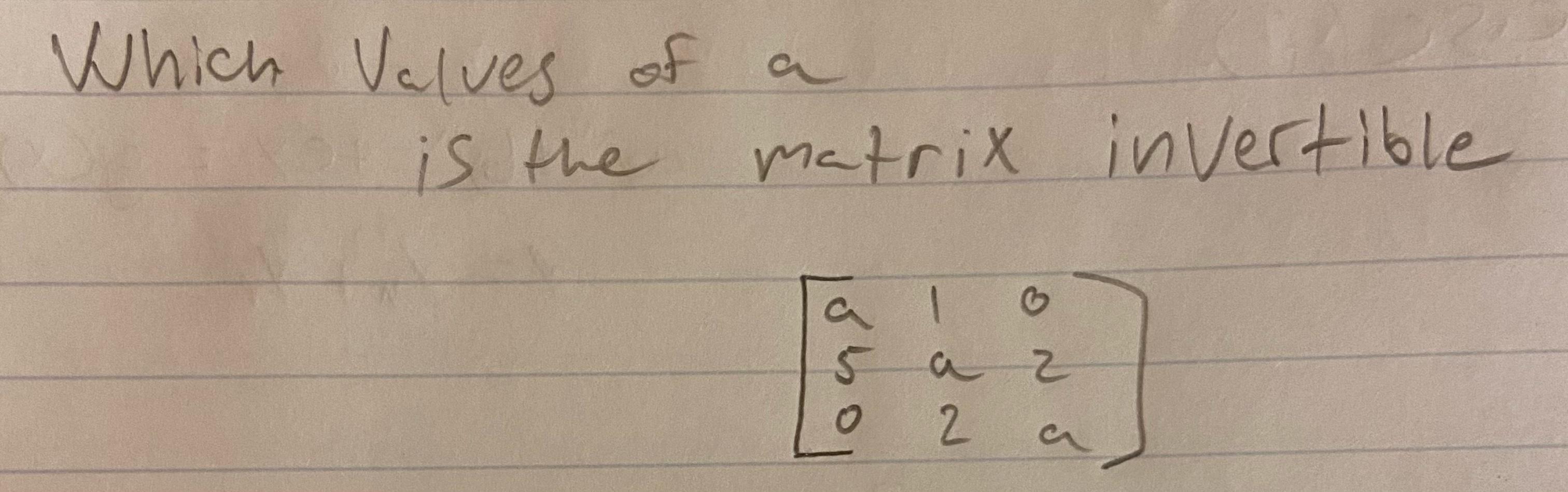 Solved Which Values of a is the matrix invertible 5 o 1 a 2 | Chegg.com