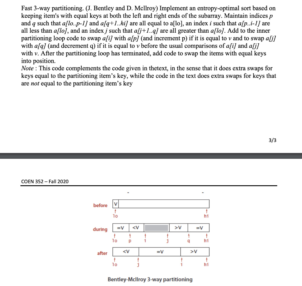Fast 3-way partitioning. (J. Bentley and D. Mcllroy) | Chegg.com
