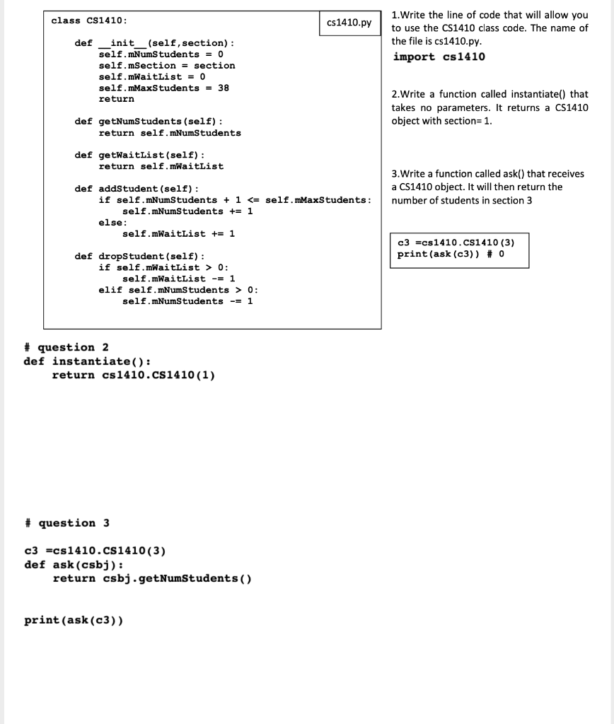 Solved class CS1410: cs1410.py 1. Write the line of code | Chegg.com