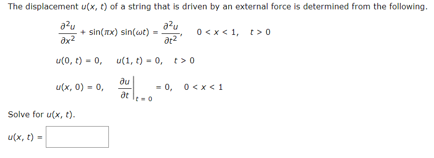 Solved The displacement u(x, t) of a string that is driven | Chegg.com