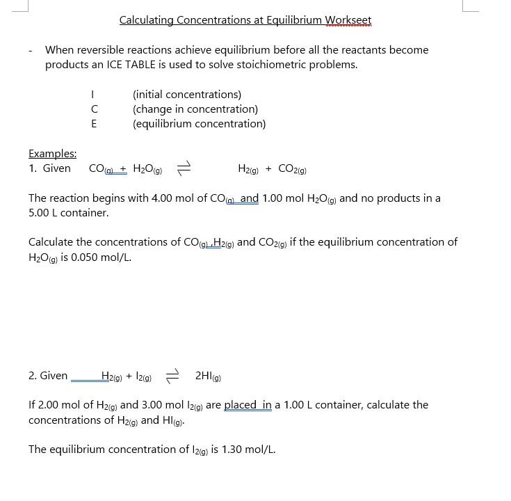 Solved Calculating Concentrations at Equilibrium Workseet - | Chegg.com