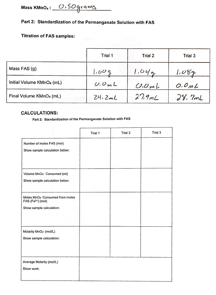 Solved Mass KMnO4 ﻿: q, 0.50 ﻿gramsPart 2: Standardization | Chegg.com