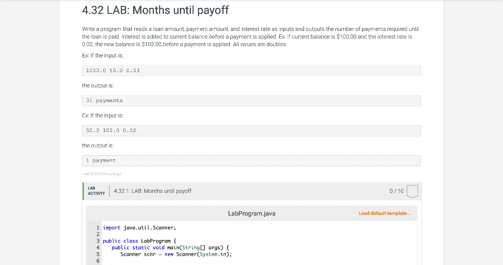 Solved 4.32 LAB: Months until payoff Write a program that | Chegg.com