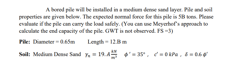 Solved A bored pile will be installed in a medium dense sand | Chegg.com