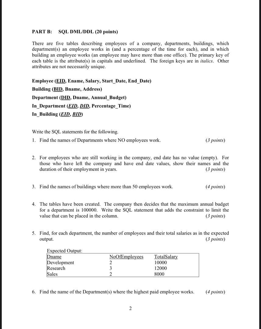 Solved PART B: SQL DML/DDL (20 points) There are five tables | Chegg.com