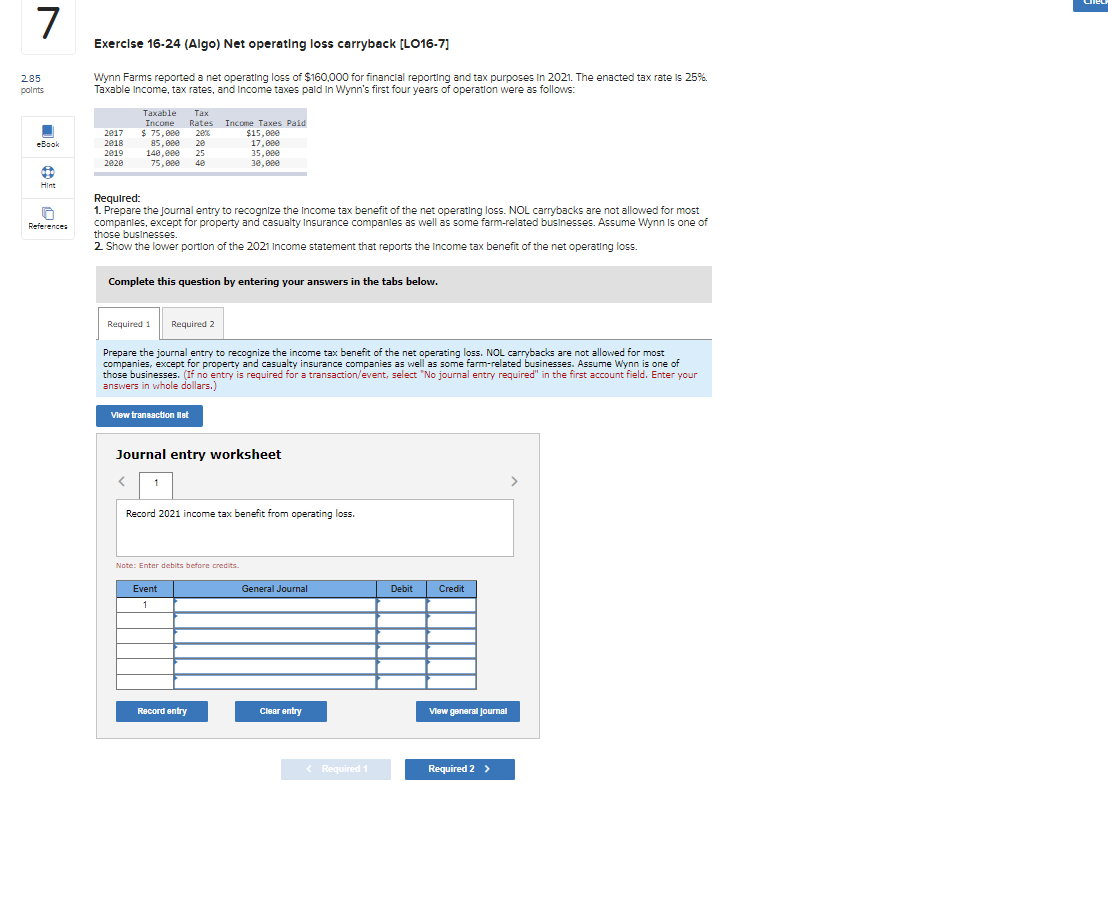 Solved Exerclse 16-24 (Algo) Net operating loss carryback | Chegg.com