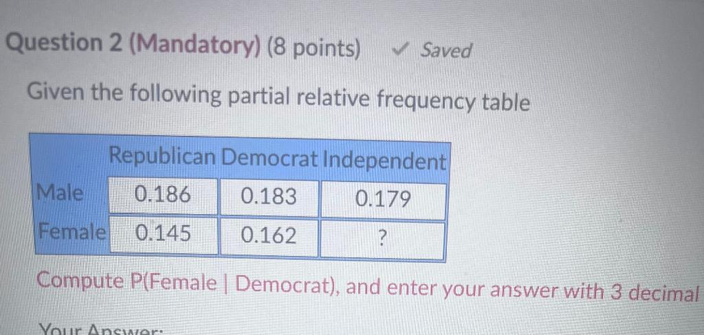 Solved Given the following partial relative frequency table | Chegg.com