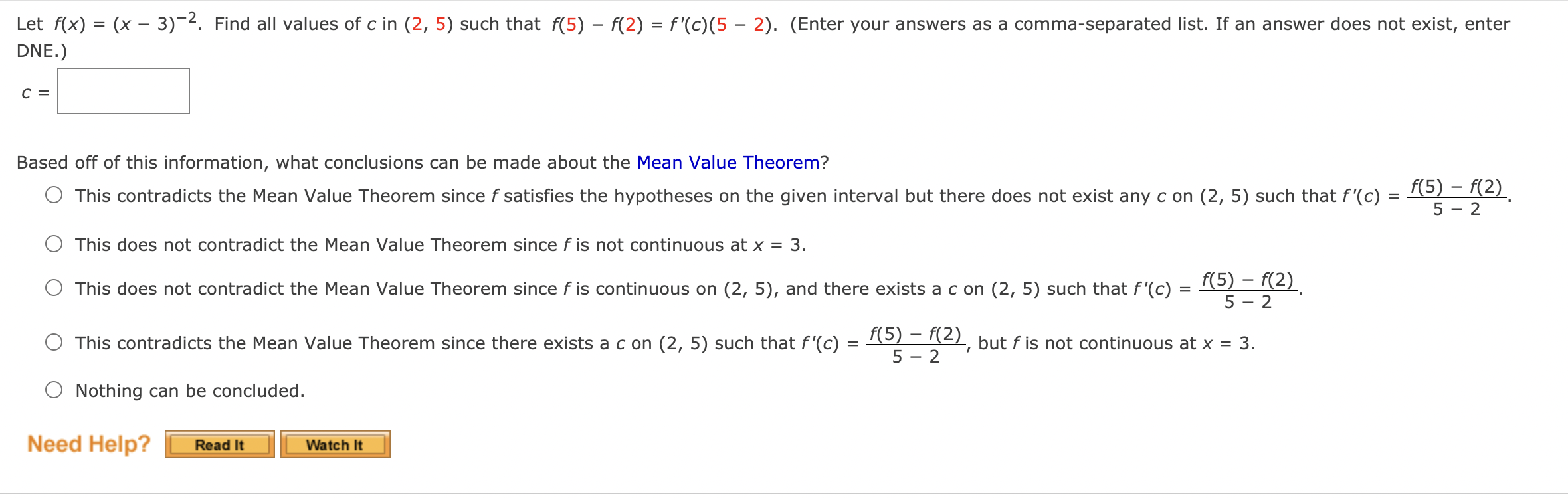 Solved Let f(x) = (x – 3)-2. Find all values of c in (2, 5) | Chegg.com