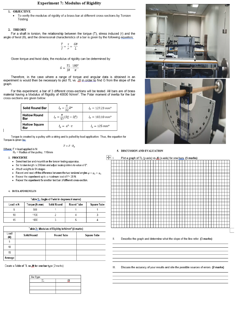 Solved Experiment 7: Modulus of Rigidity 1. OBJECTIVE To | Chegg.com