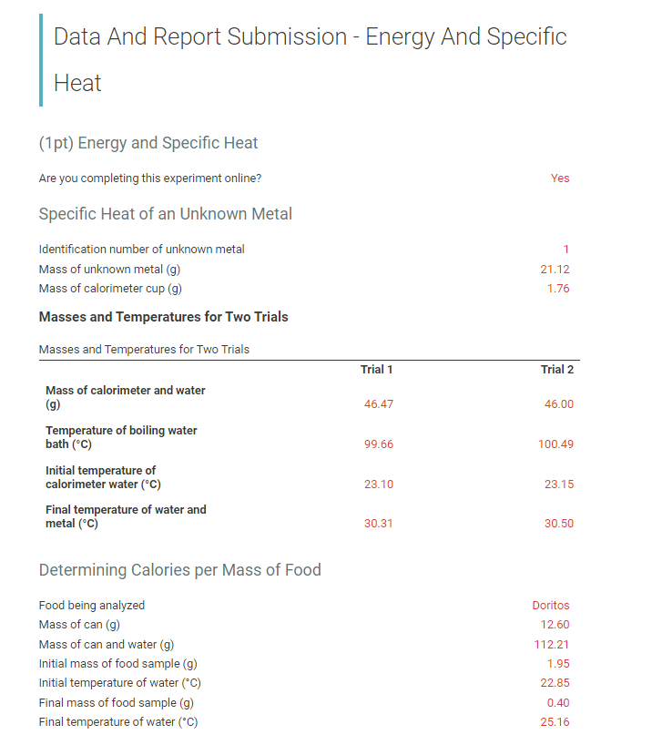 Solved Data And Report Submission - Energy And Specific Heat | Chegg.com