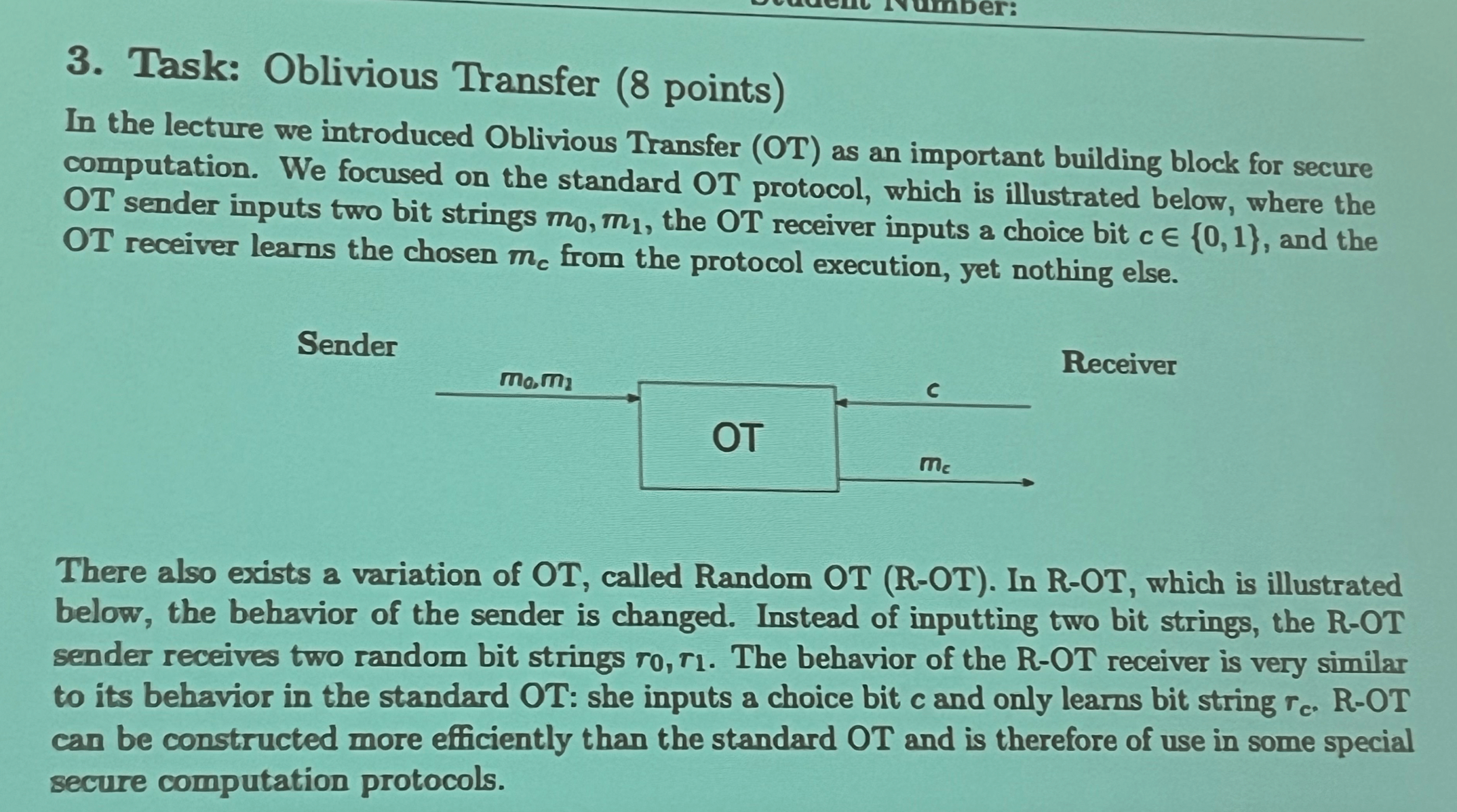 Solved 3. Task: Oblivious Transfer ( 8 points) In the | Chegg.com