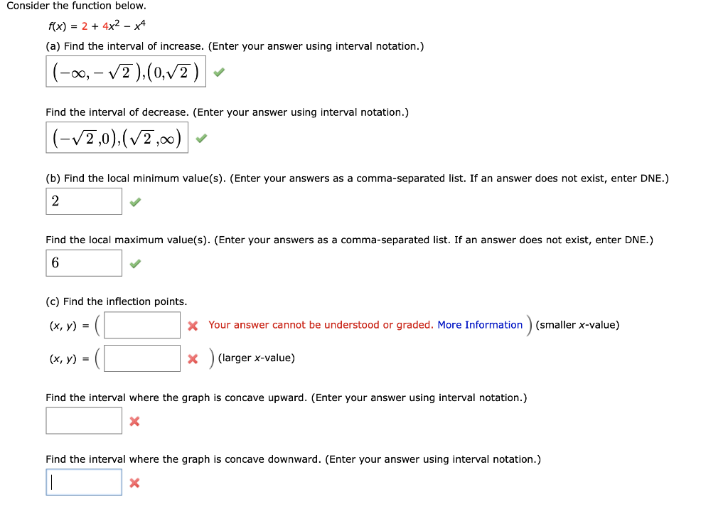 Solved Consider the function below. f(x) = 2 + 4x2 – x4 (a) | Chegg.com