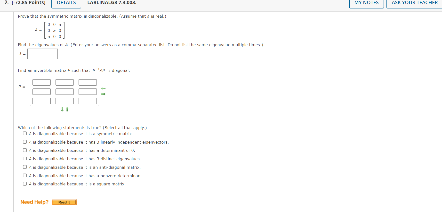 Solved Prove that the symmetric matrix is diagonalizable. | Chegg.com