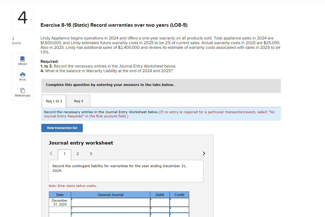 Solved Exercise 8-16 (Static) Record warranties over two | Chegg.com