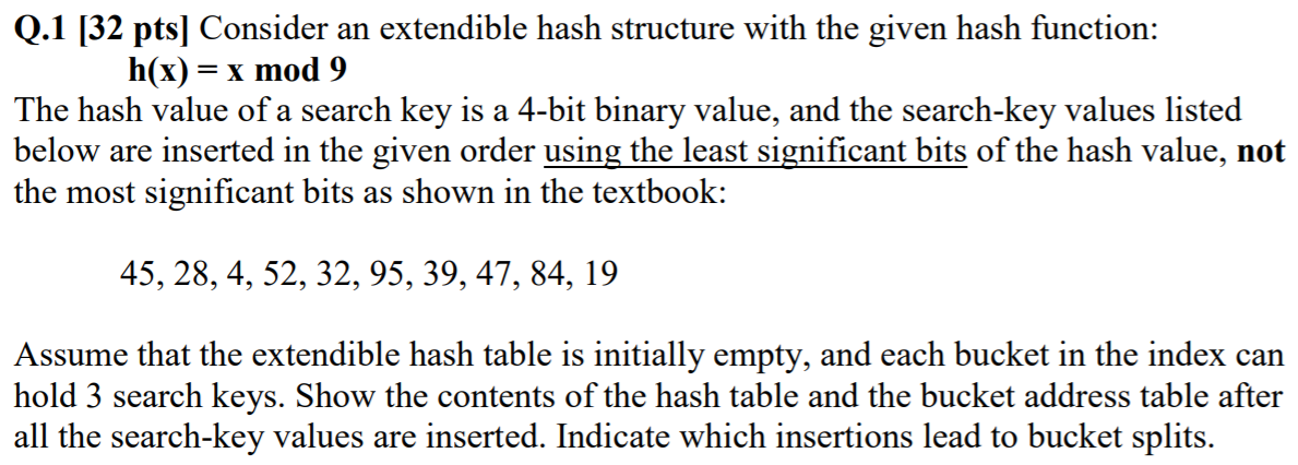Solved Q.1 (32 pts] Consider an extendible hash structure | Chegg.com