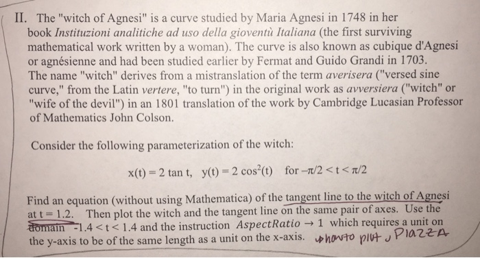 Solved Find an equation of the tanget line to the witch of | Chegg.com