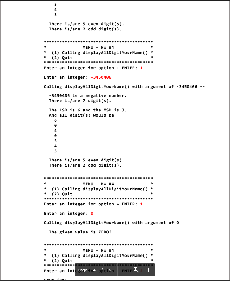 Solved MENU HW #4 (1) Calling displayAllDigitYourName ( ) | Chegg.com