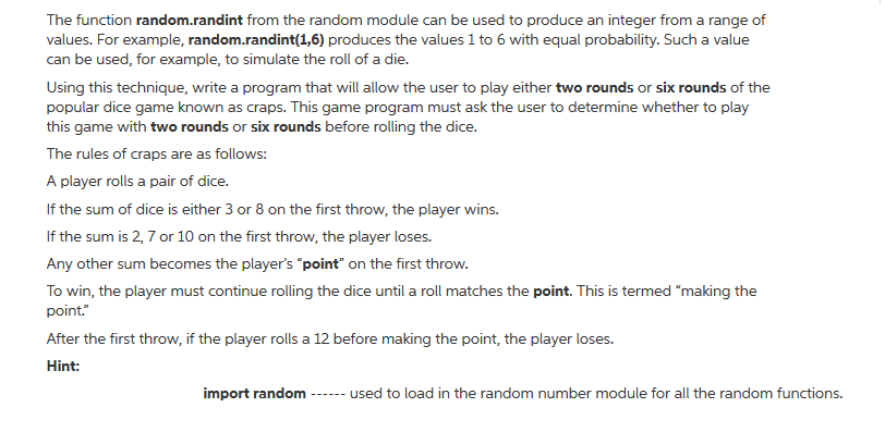 Solved The function random.randint from the random module | Chegg.com