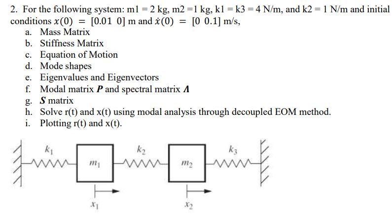 Solved 2. For the following system: m1 = 2 kg, m2 =1 kg, k1 | Chegg.com