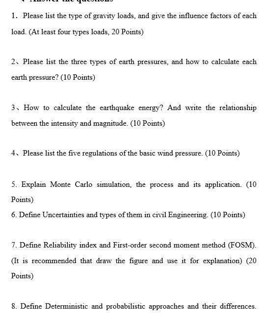 Solved 1. Please list the type of gravity loads, and give | Chegg.com