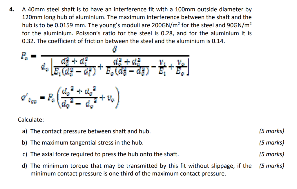 Solved A 40mm steel shaft is to have an interference fit | Chegg.com