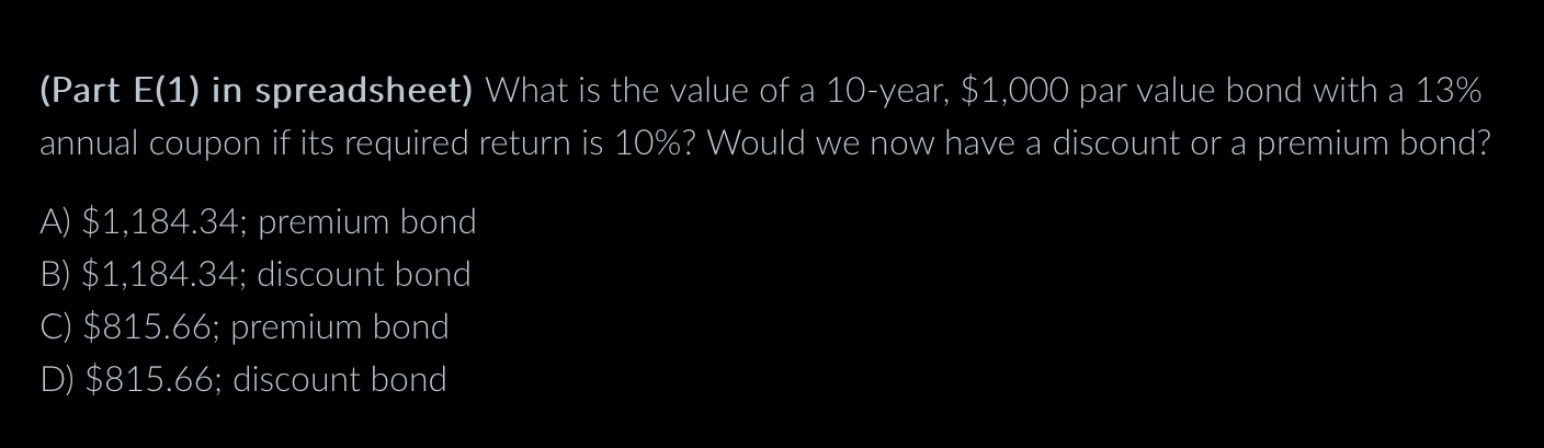 Solved (Part E(1) ﻿in spreadsheet) ﻿What is the value of a | Chegg.com