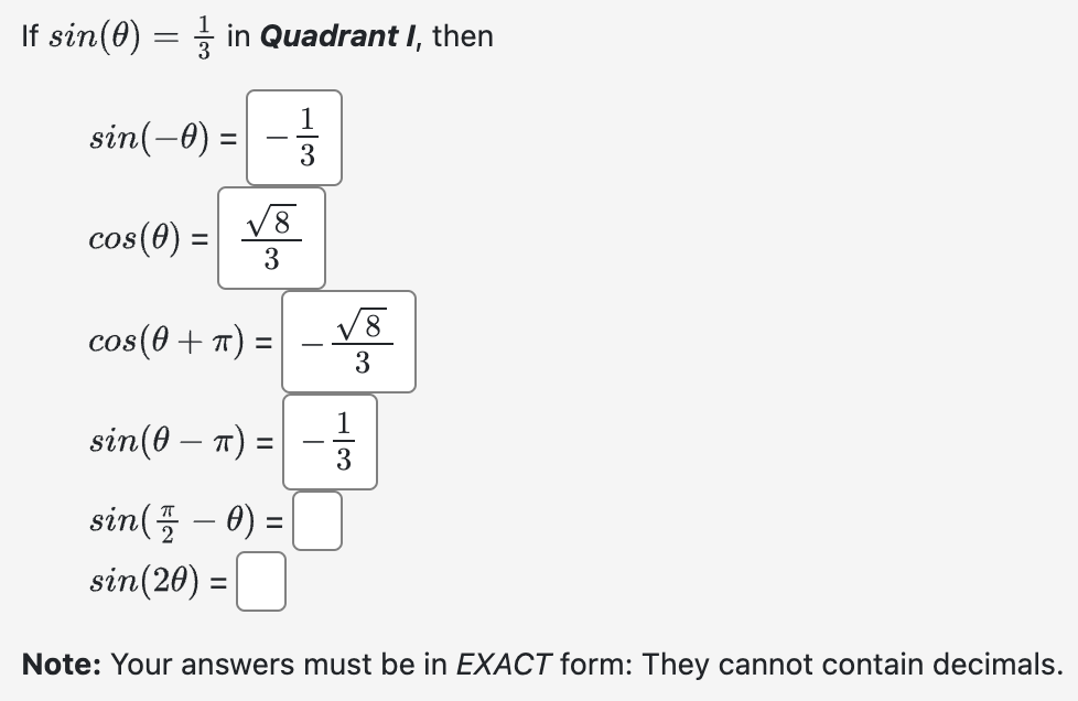 Solved If sin(θ)=13 ﻿in Quadrant I, | Chegg.com