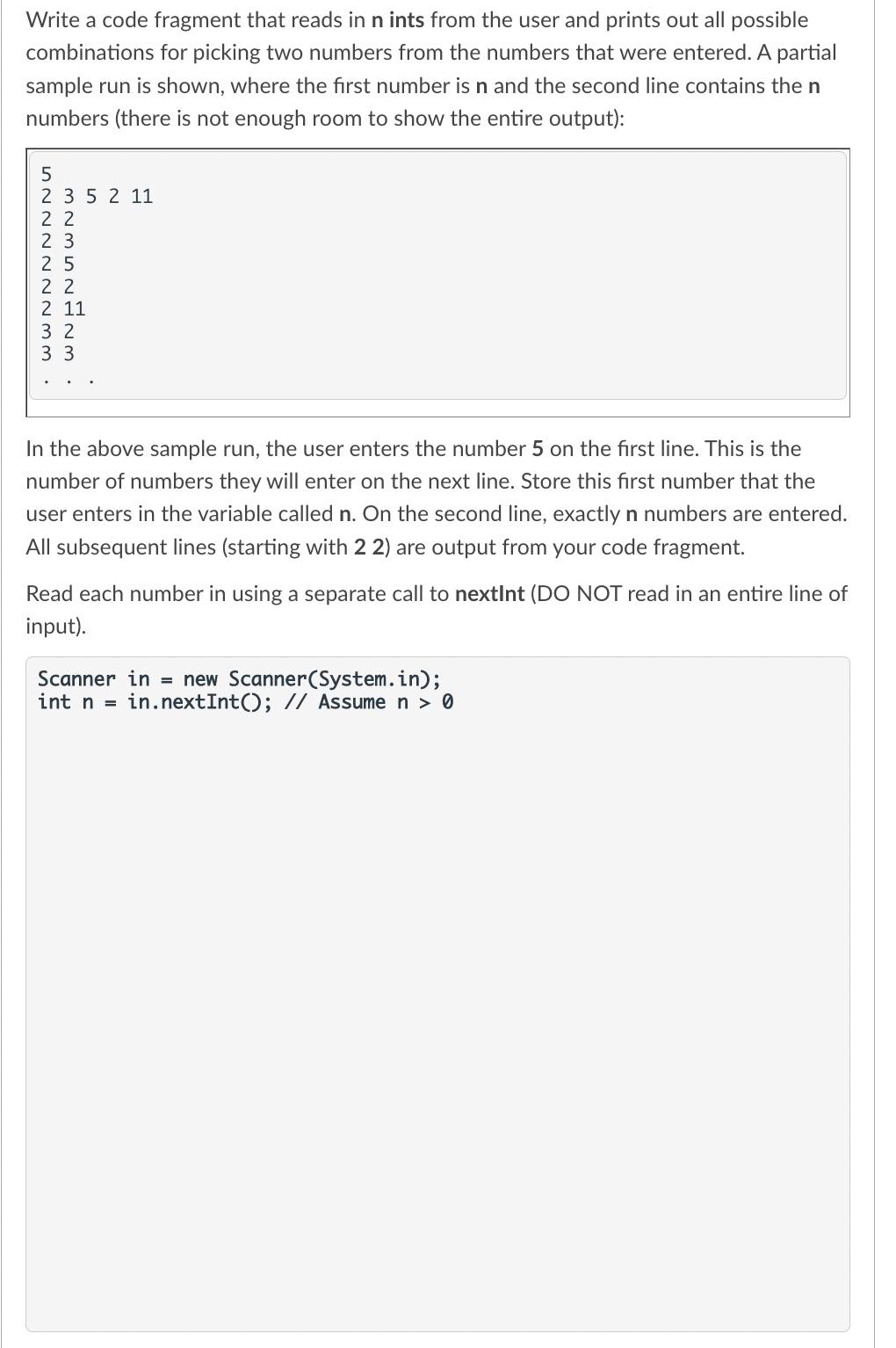 Solved Write a code fragment that reads in n ints from the | Chegg.com