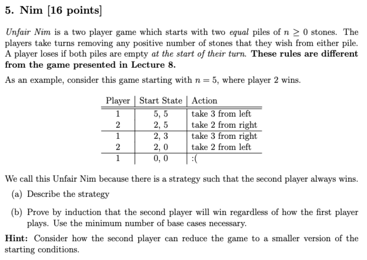 Solved Unfair Nim is a two player game which starts with two | Chegg.com