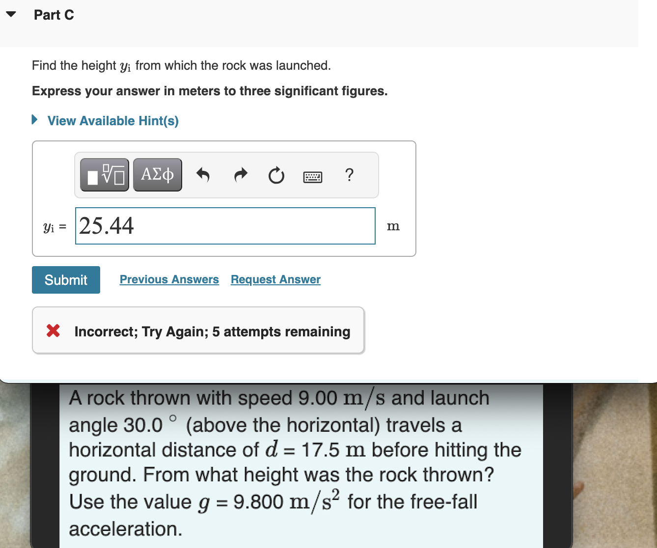 Solved Find the height yi from which the rock was launched. | Chegg.com