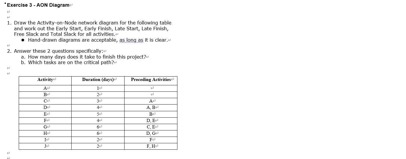 Solved "Exercise 3 - AON Diagram 1. Draw the | Chegg.com