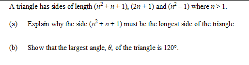 Solved A triangle has sides of length (r2 + n+1), (2n + 1) | Chegg.com