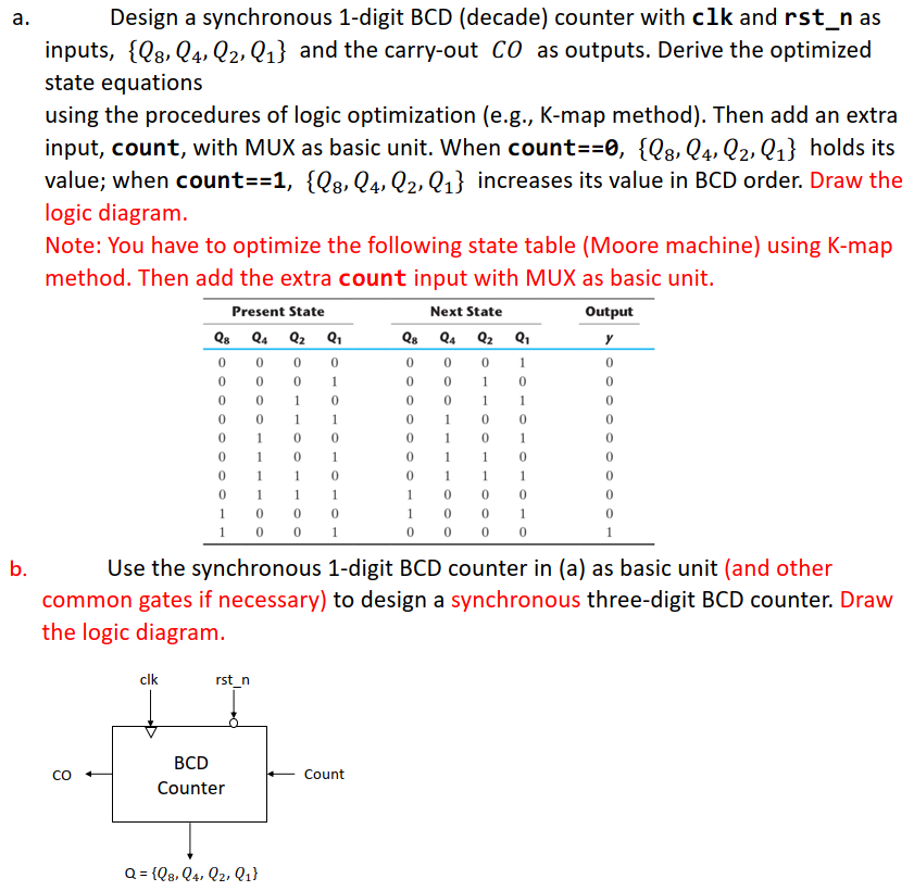 Solved a. Design a synchronous 1-digit BCD (decade) counter | Chegg.com