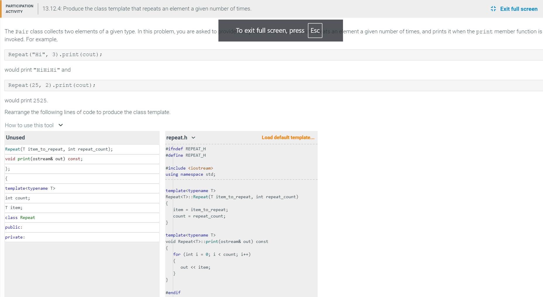 Solved Produce the class template that repeats an element a | Chegg.com