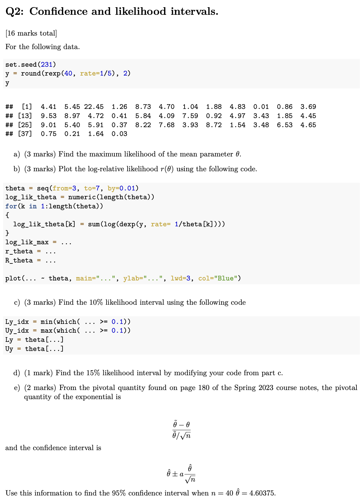 Solved [16 marks total] For the following data. set. seed | Chegg.com