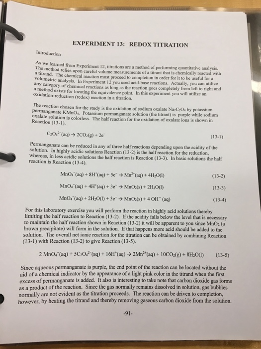 Solved Redox Titration Prelaboratory Assignment Name and | Chegg.com